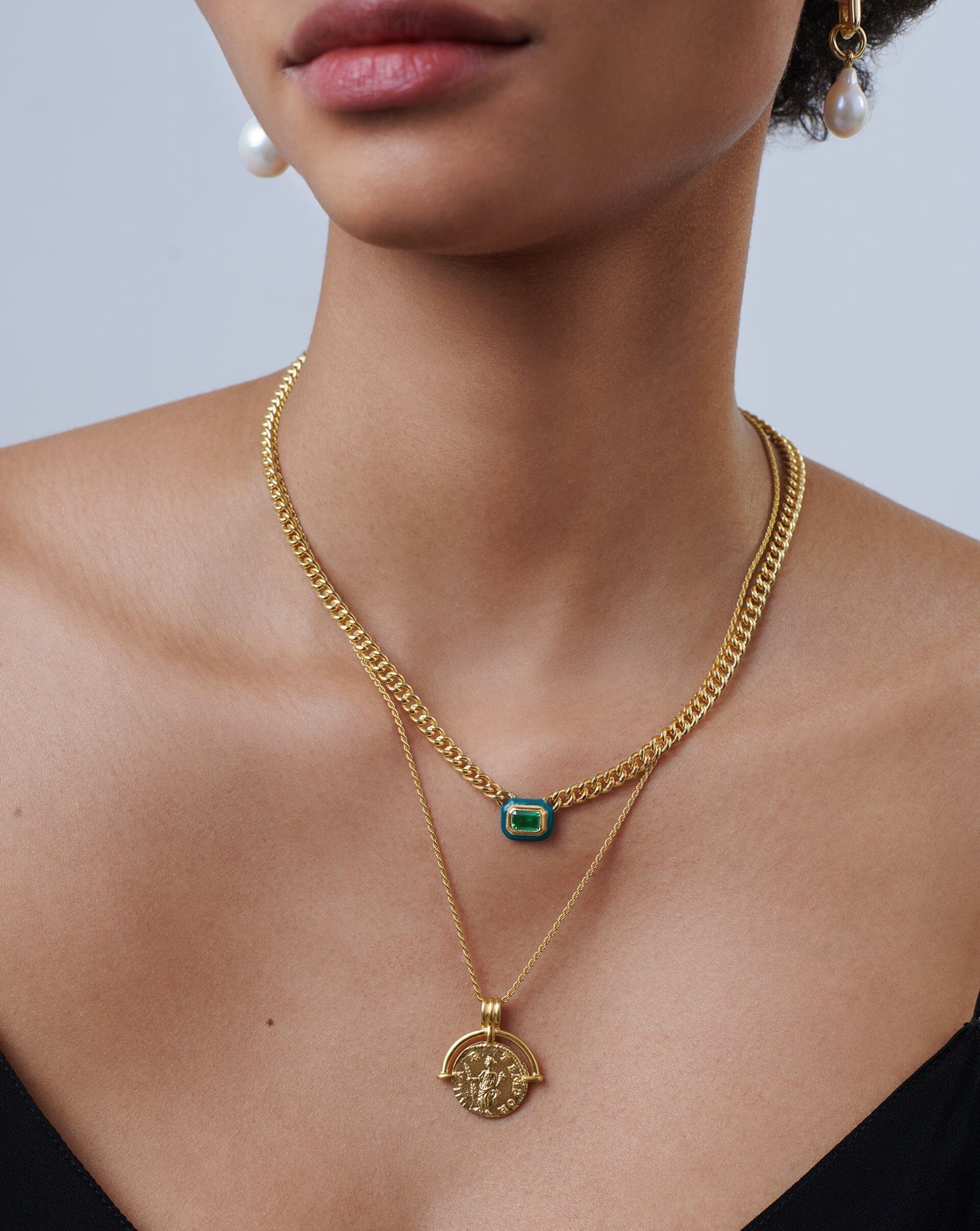 Enamel & Stone Floating Pendant Chain Necklace | 18ct Gold Plated/Gree ...