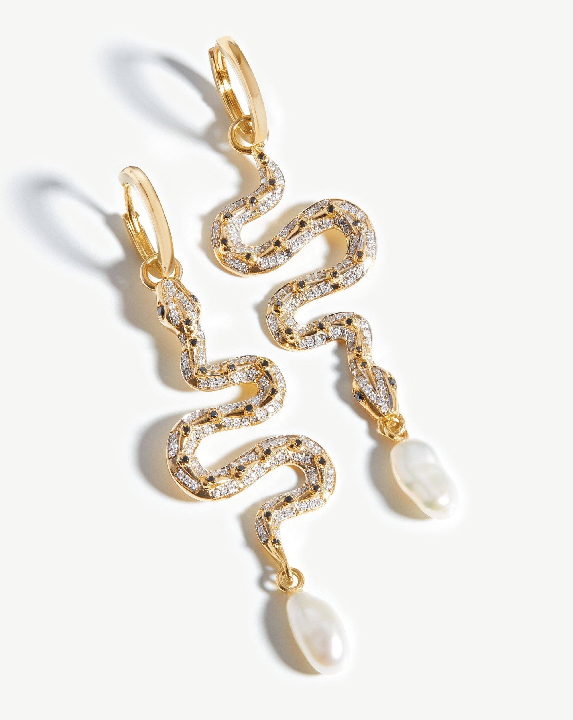 Harris Reed Fine Serpent Drop Earrings | 14ct Solid Gold/Pearl & Diamo | Missoma